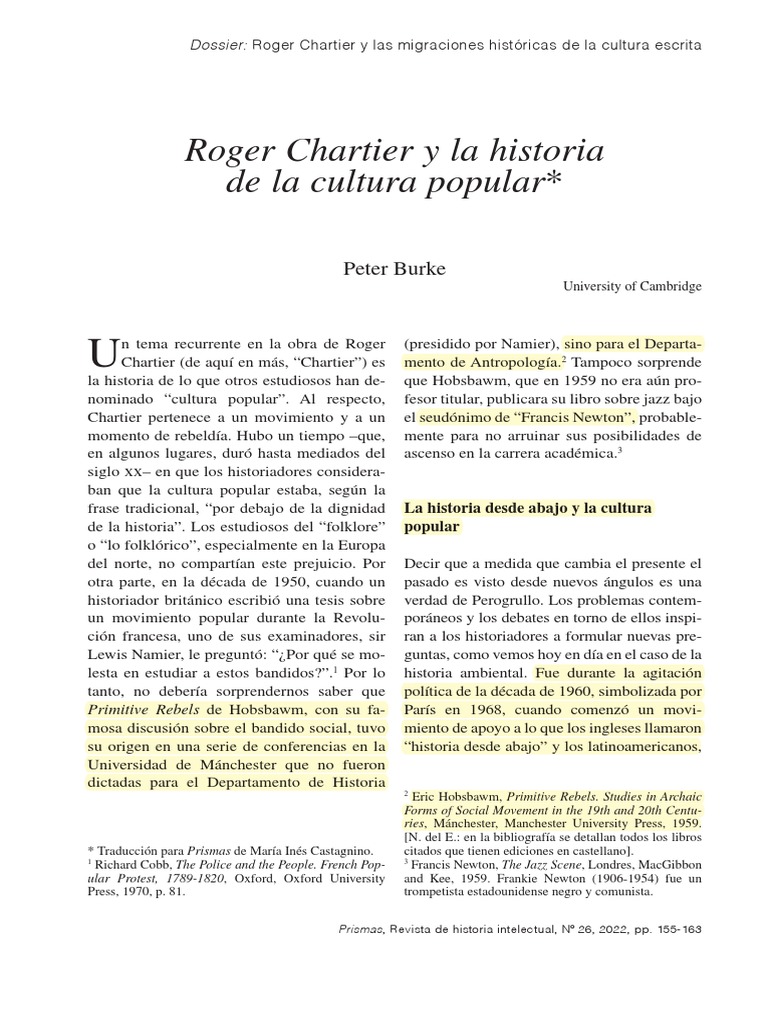 Roger Chartier y La Historia de La Cultura Popular by Peter Burke | PDF | Historia