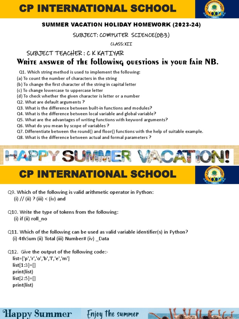 Class Xii Summer Vacation Homework Pdf Parameter Computer 