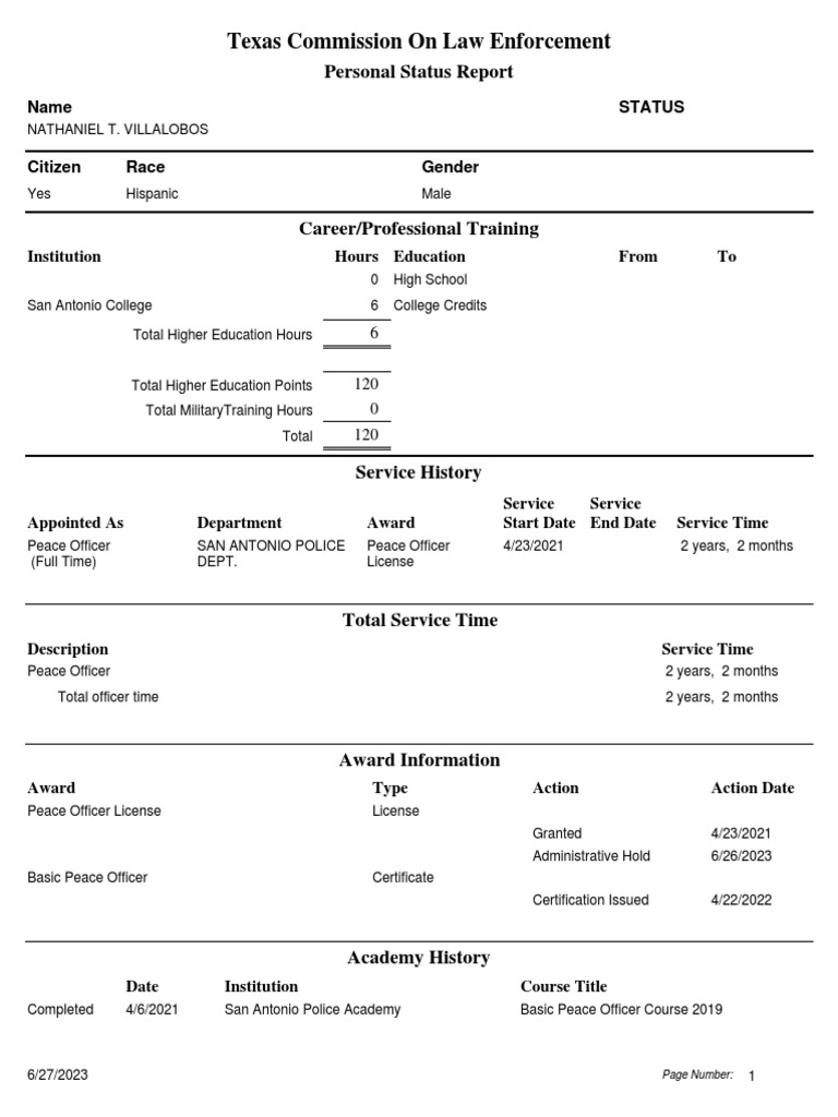 Officer Nathaniel Villalobos TCOLE | PDF | Police | Law Enforcement Officer