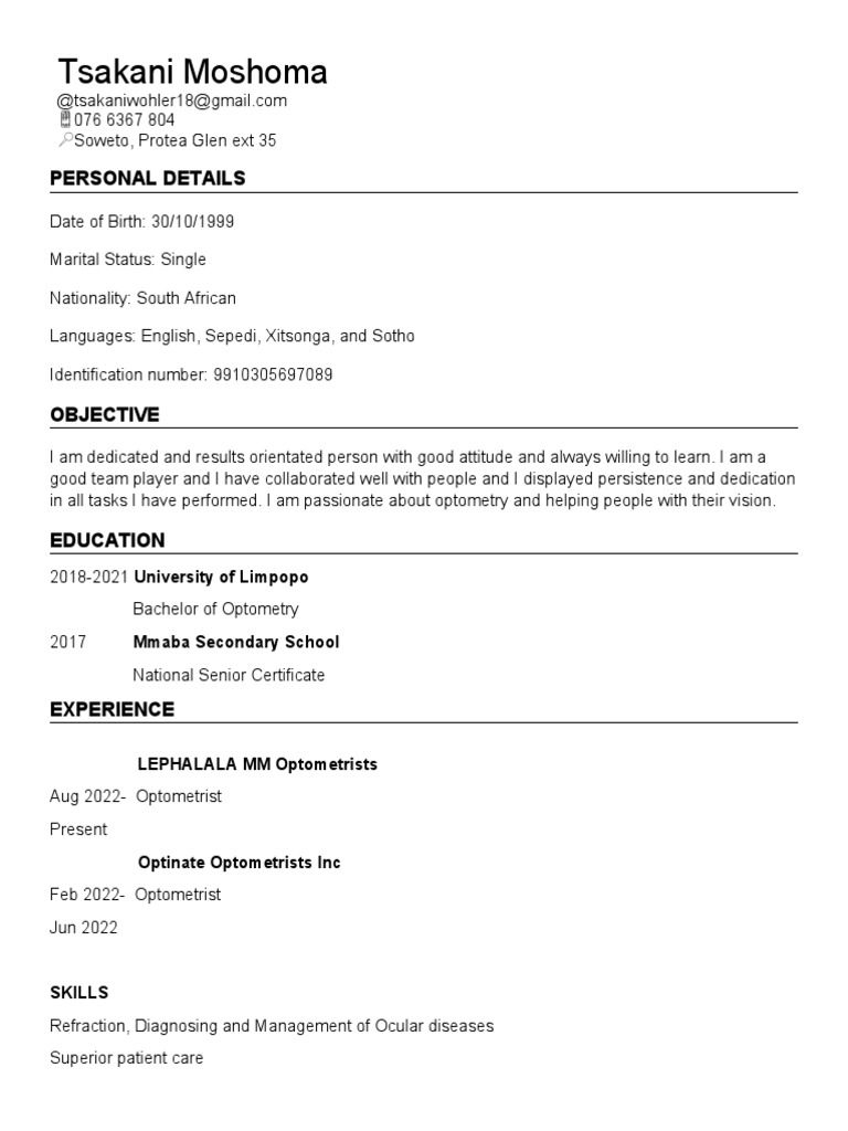 Tsakani Moshoma CV Final 2 | PDF | Wellness