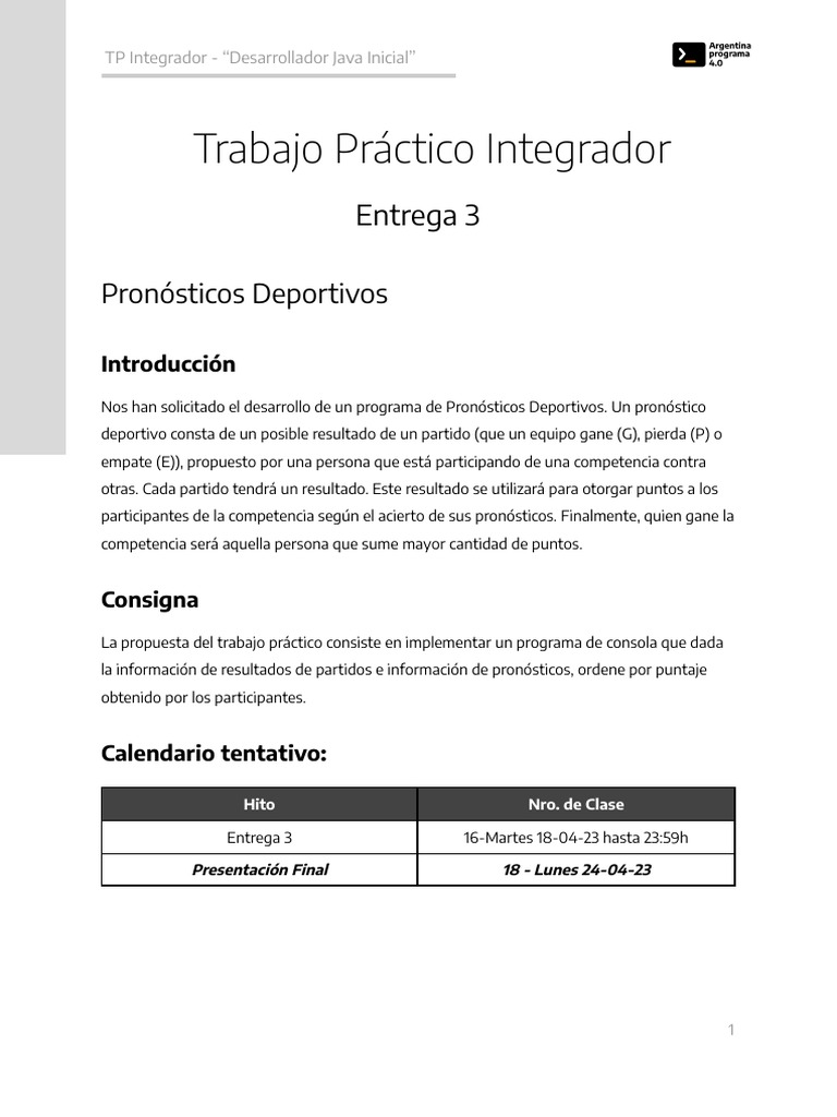 Enunciado TP Integrador - Desarrollador Java Inicial Entrega 3 | PDF ... Enunciado TP Integrador - Desarrollador Java Inicial Entrega 3 | PDF ...