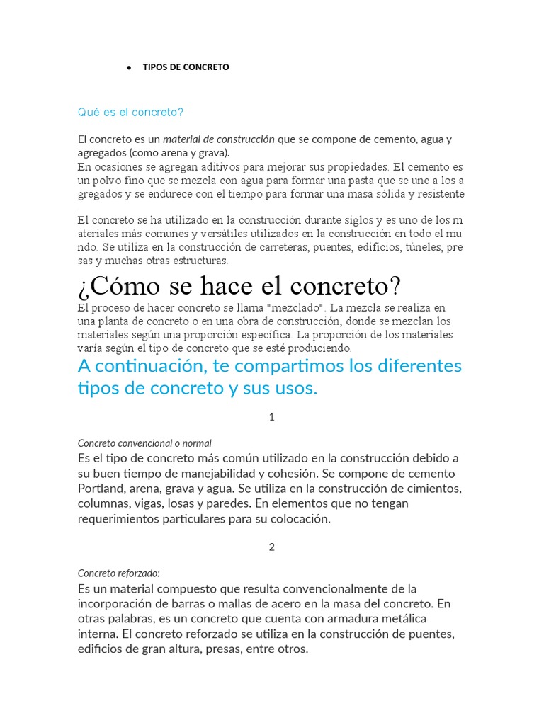 Tipos de Concreto | PDF | Hormigón | Sector secundario de la economía