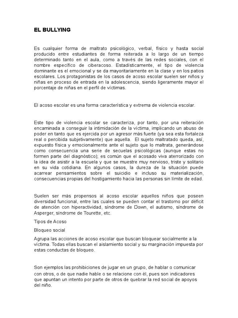 Tipos y Consecuencias del Bullying Escolar | PDF | Sicología | Agresión
