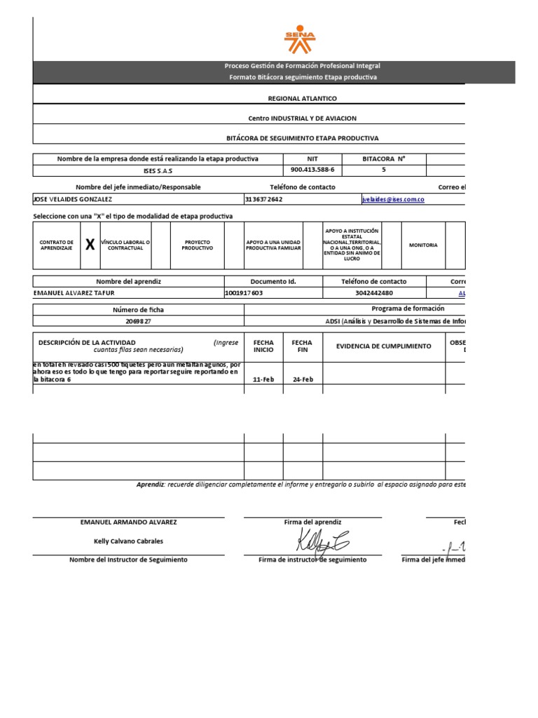 Bitacora Sena Etapa Productiva-5 | PDF