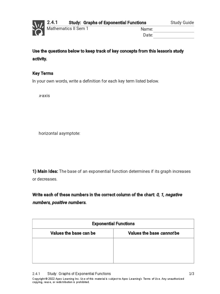 2.4.1 Study - Graphs of Exponential Functions (Study Guide) | PDF ...