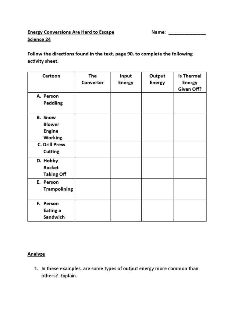 Energy Input and Output Analysis Worksheet | PDF | Teaching Methods ...