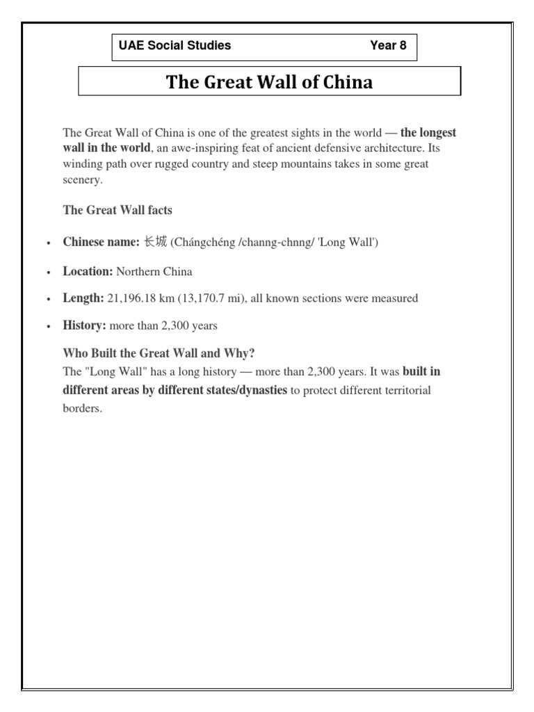 The Great Wall of China - Resource Sheet | PDF | Fortification