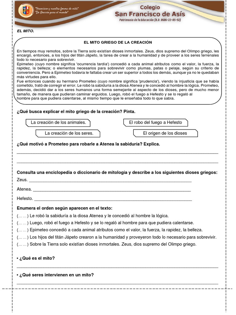 Ficha EL MITO | PDF | Prometeo | Mitología griega