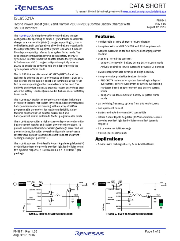 ISL95521AHRZ Vegas SKL 15341 | PDF | Battery Charger | Mosfet