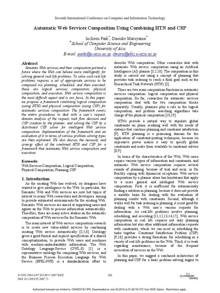 HTN and CSP for Web Service Composition | PDF | World Wide Web | Internet & Web