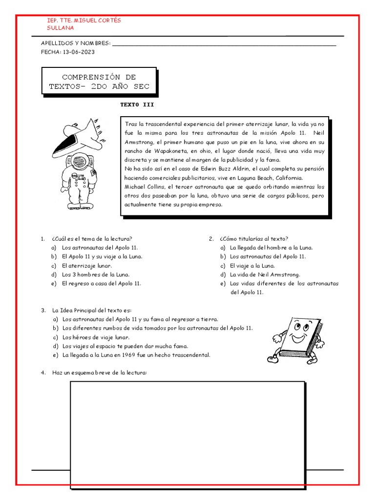 Comprensión Textos 3- 2do Año Sec | PDF | Apolo 11 | Gusto