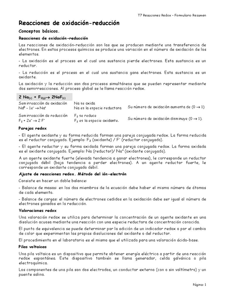 T7 Reacciones Redox - Formulario Resumen | PDF | Redox | Electrodo
