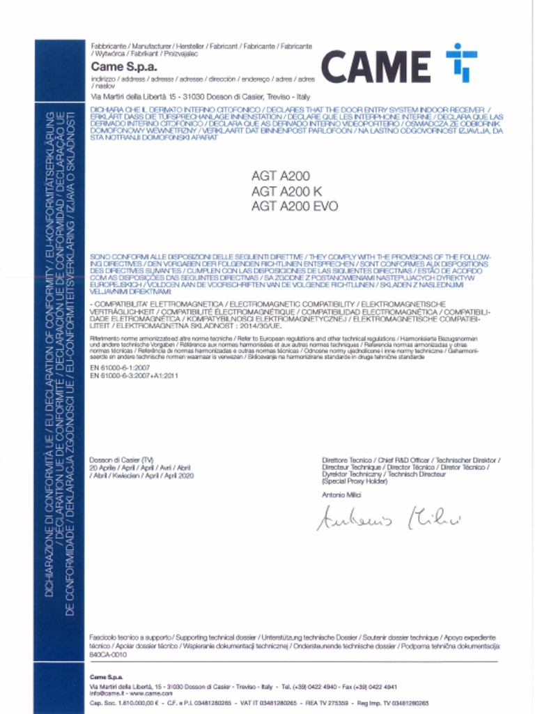 CAME Conformity-Declaration AGT+A200 | PDF