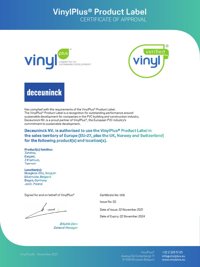 VinylPlus Certificate Deceuninck - Product Label | PDF