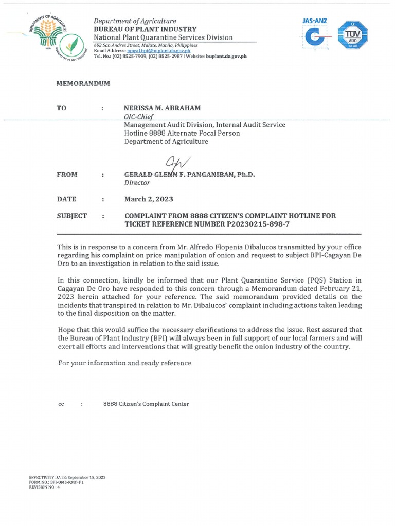 Response Letter To Citizens Complaint Hotline With Ticket Reference ...