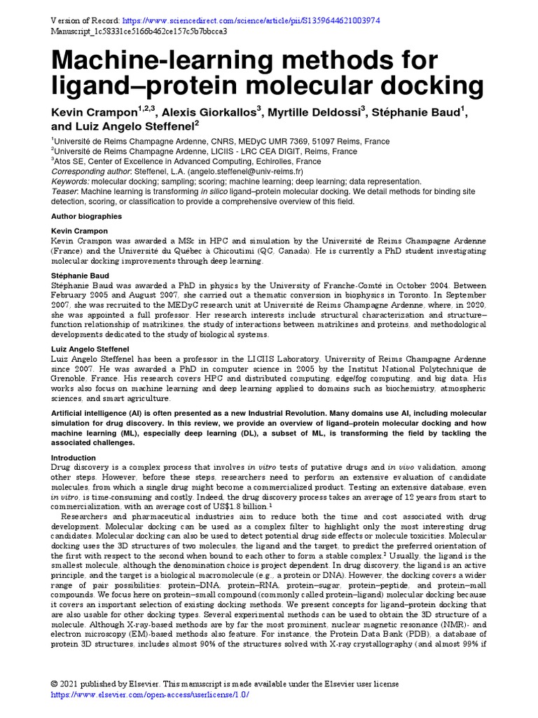 Machine-Learning Methods For Ligand-Protein Molecular Docking | PDF | Docking (Molecular ...