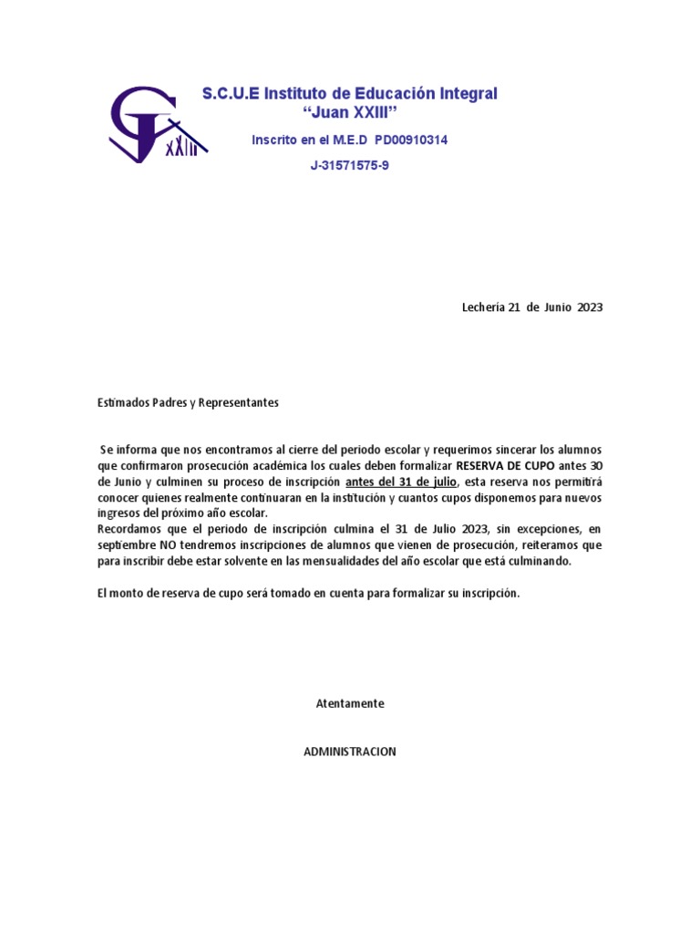 Carta de Reserva Cupo | PDF