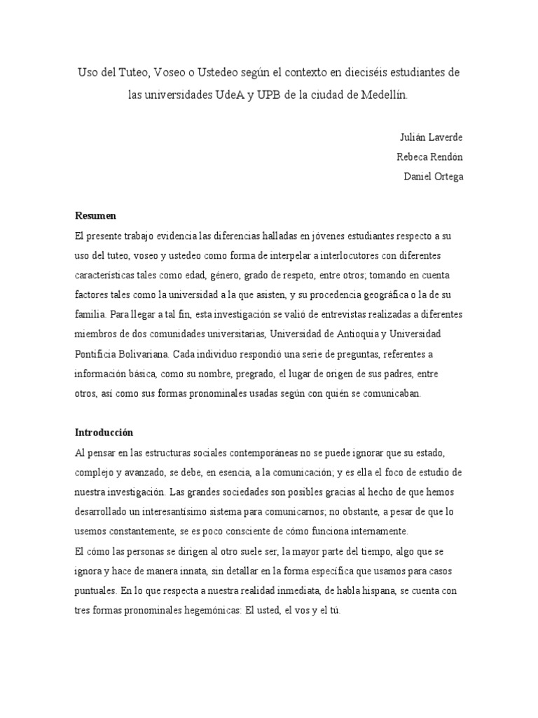 Uso Del Tuteo, Voseo o Ustedeo Según El Contexto en Dieciséis ...