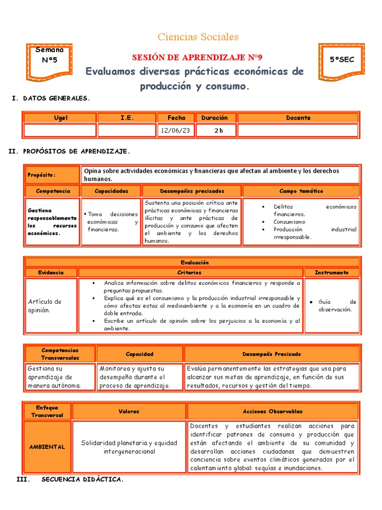 5° SESIÓN DE APRENDIZAJE SESIÓN 9-SEM.5-EXP.3-CCSS | PDF | Aprendizaje | Evaluación