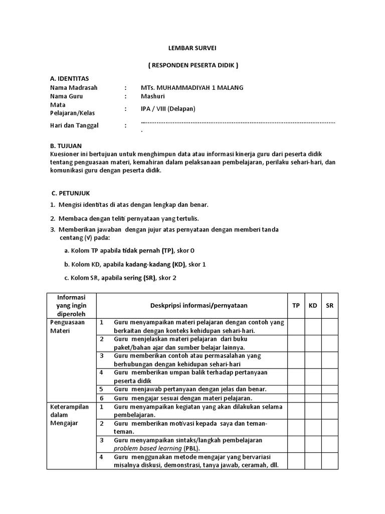 Lembar Survei Peserta Didik Dan Orang Tua | PDF