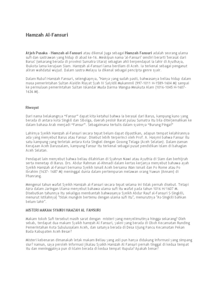 Hamzah Fansuri: Sufi dan Sastrawan | PDF | Seni | Sejarah