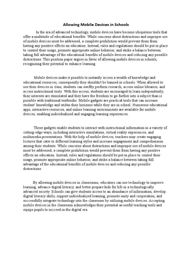 Position Paper (Allowing Mobile Devices in School) | PDF | Schools ...