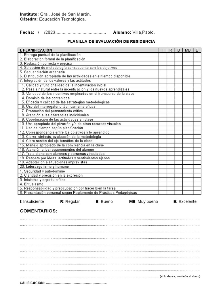 Planilla de Evaluación | PDF | Planificación | Evaluación