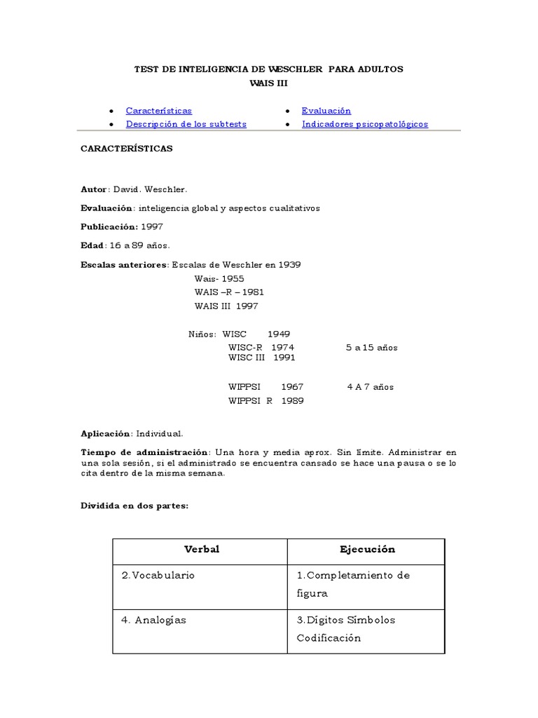 Introducción Test (WAIS-III) | PDF | Escala de inteligencia para ...