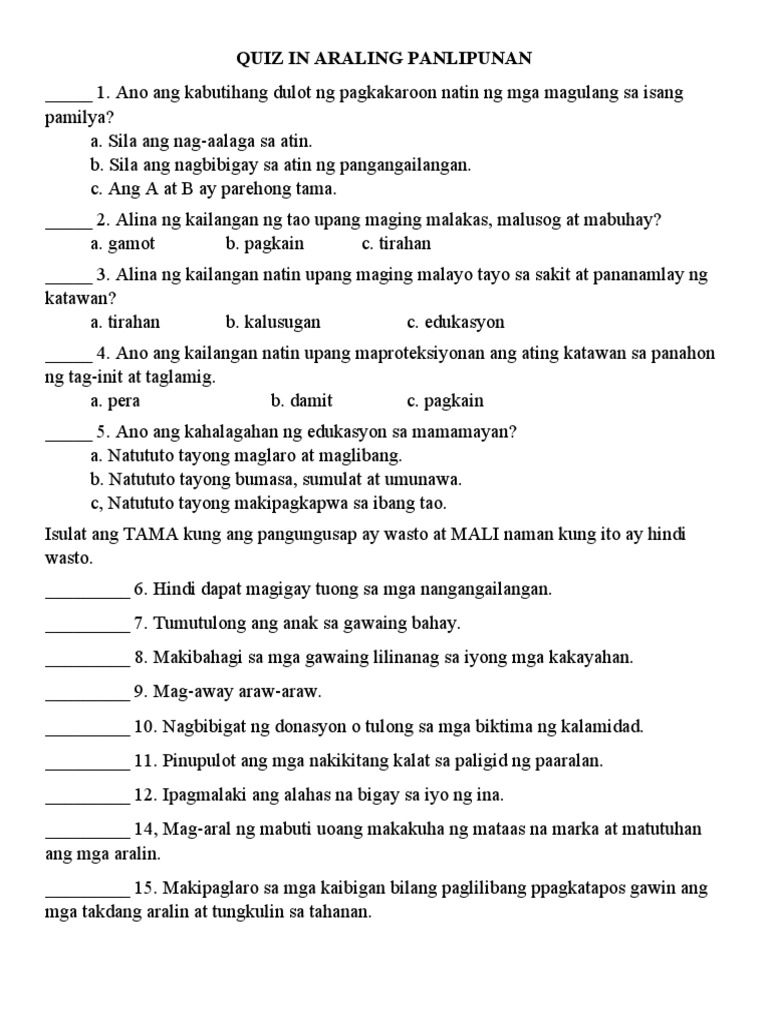 Quiz in Araling Panlipunan | PDF