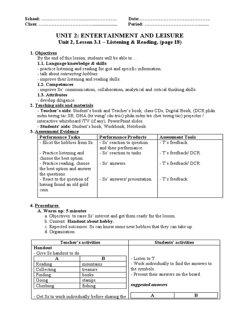 Listening and Reading: Hobbies Lesson Plan | PDF | Teachers | Hobbies
