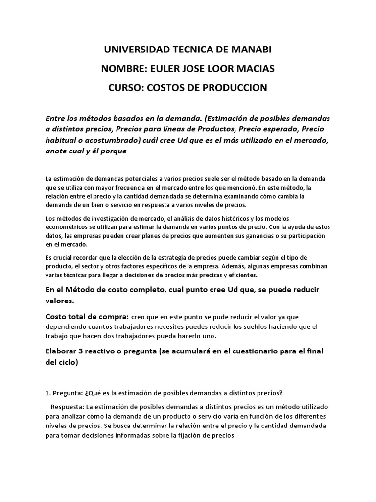 Tarea MC 2 Euler Jose Loor Macias | PDF | Precios | Mercado (economía)