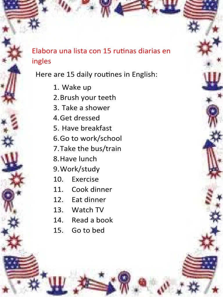 Elabora Una Lista Con 15 Rutinas Diarias en Ingles | PDF