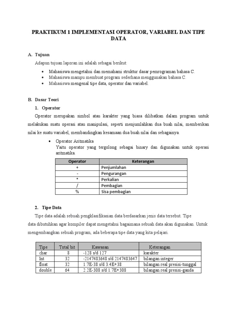 Praktikum Pemrograman C: Operator & Variabel | PDF | Komputer