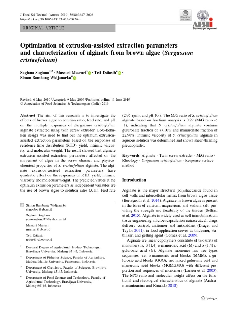 Optimization of Extrusion-Assisted Extraction Parameters and Characterization of Alginate From ...