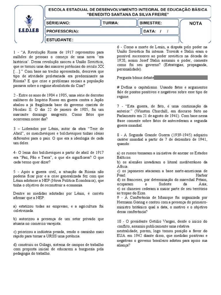 Prova História 9 Ano | Download grátis PDF | União Soviética | Política ...