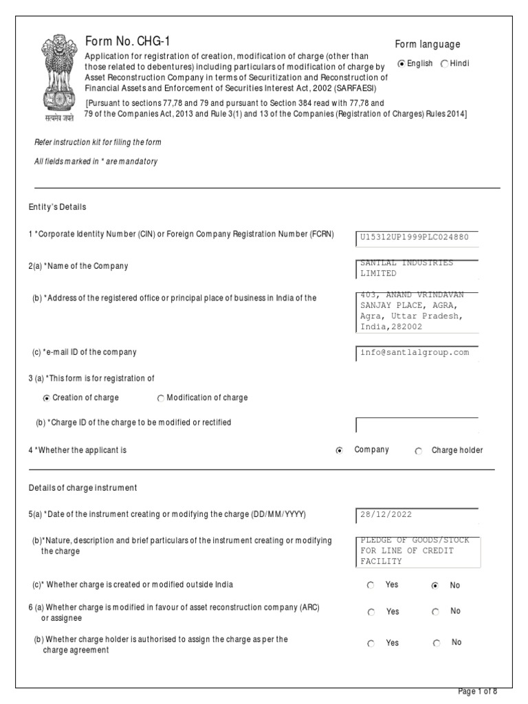 CHG - Form - Santlal - Rect - S | PDF | Banks | Intangible Asset CHG - Form - Santlal - Rect - S | PDF | Banks | Intangible Asset