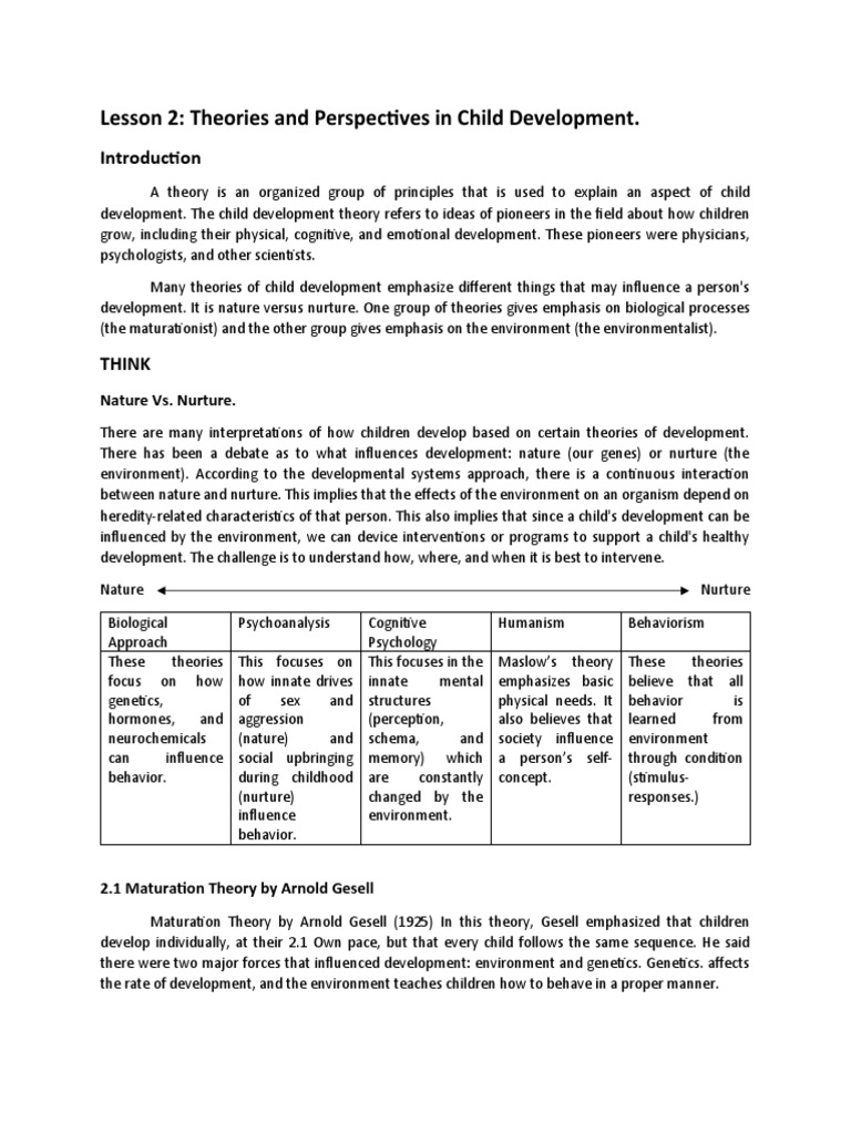 Lesson 2 - Theories and Perspective On Child Development | PDF | Child Development | Nature ...