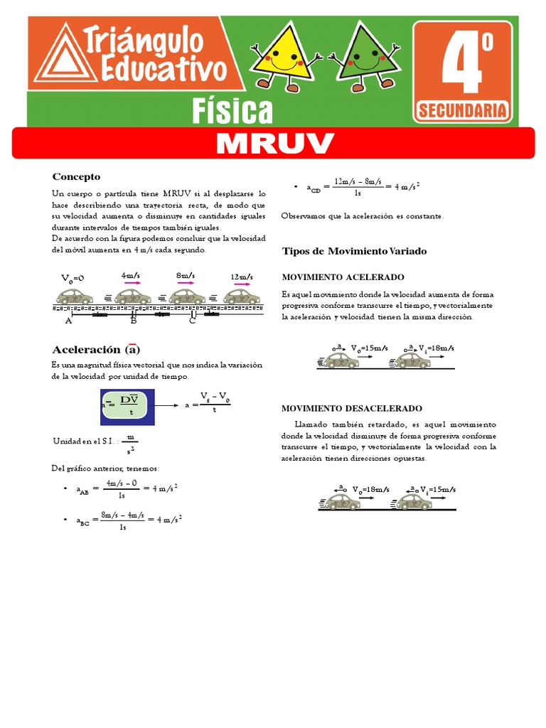 Ejercicios de MRUV para Cuarto Grado de Secundaria | PDF | Velocidad | Aceleración