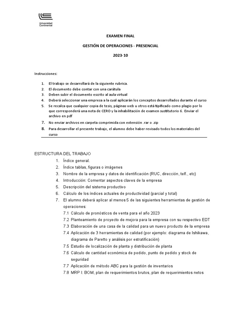 Examen Final Gestión de Operaciones 2023-10 | PDF
