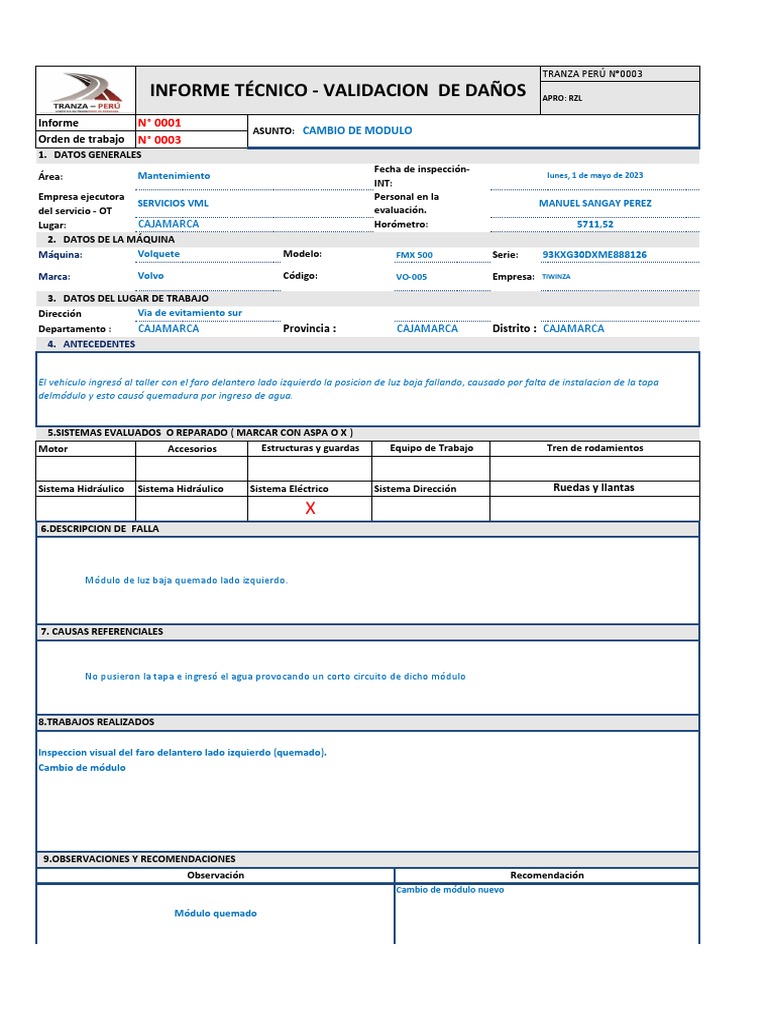 Informe Validacion de Daños - Módulo | PDF | Vehículos | Transporte