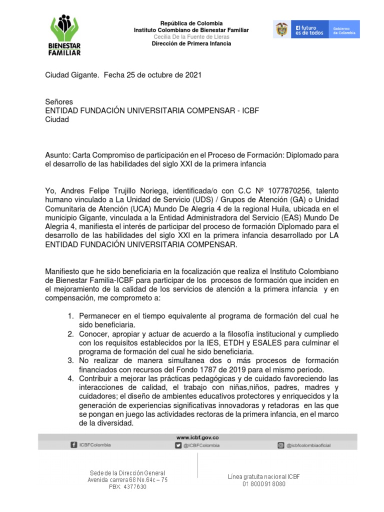 Carta De Compromiso 10 Pdf Colombia