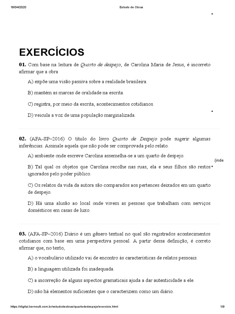 O Quarto de Despejo - Questoes | PDF | Jesus