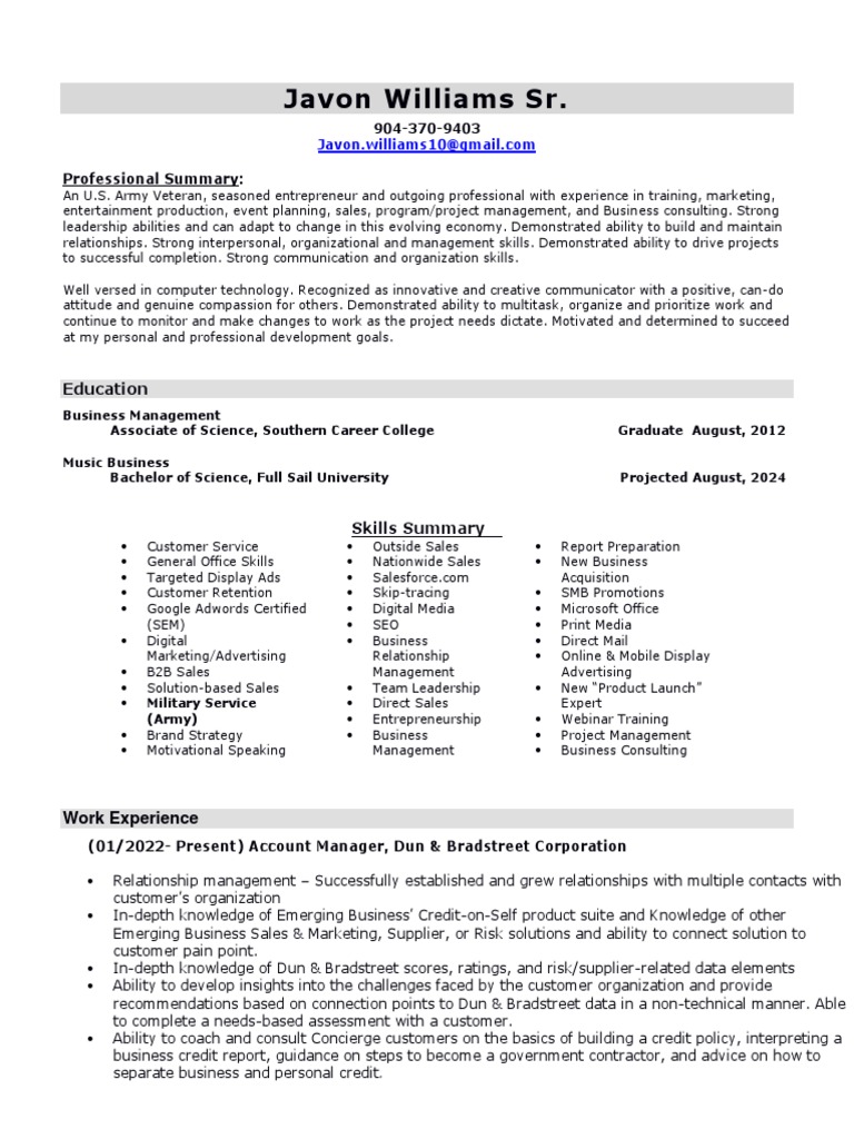 Javon Williams Sr. Resume | PDF | Marketing | Sales