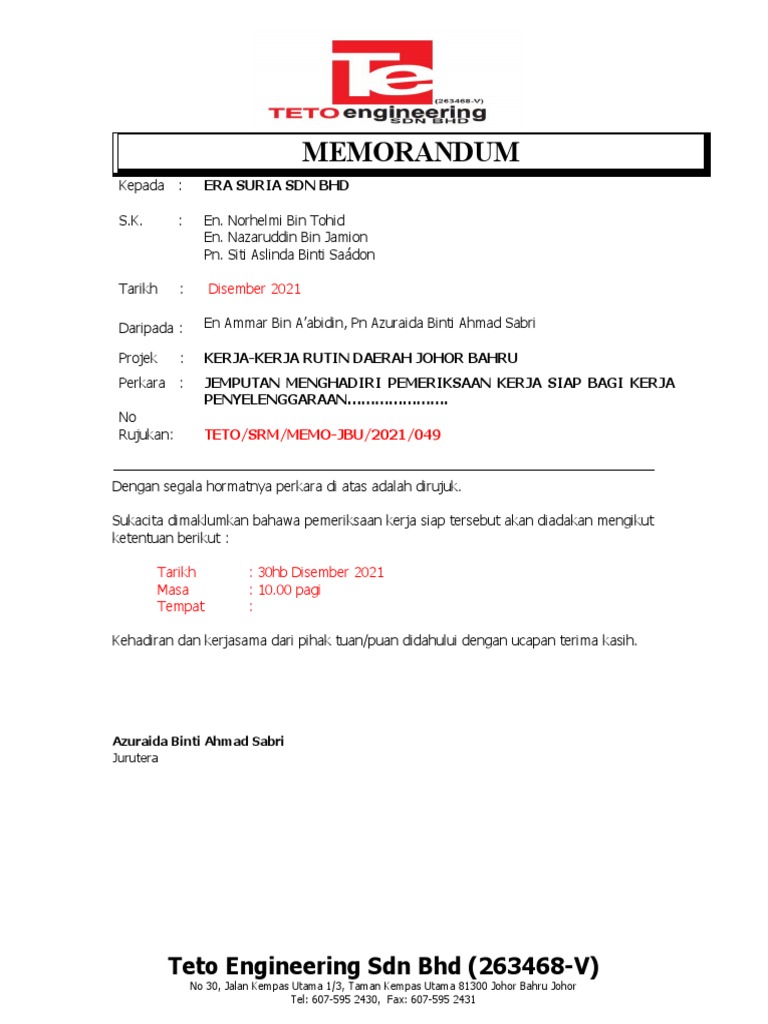 Contoh Memo Jemputan Pemeriksaan Kerja Siap | PDF