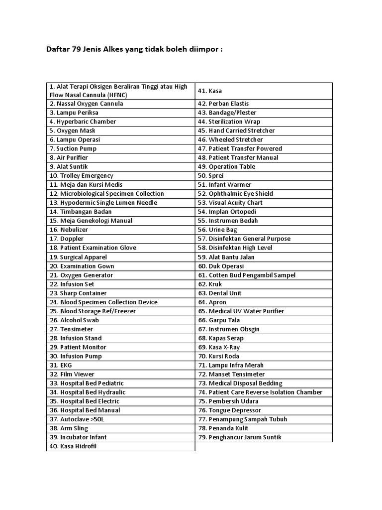 Daftar 79 Jenis Alkes Yang Tidak Boleh Diimpor | PDF | Medical Specialties | Medicine