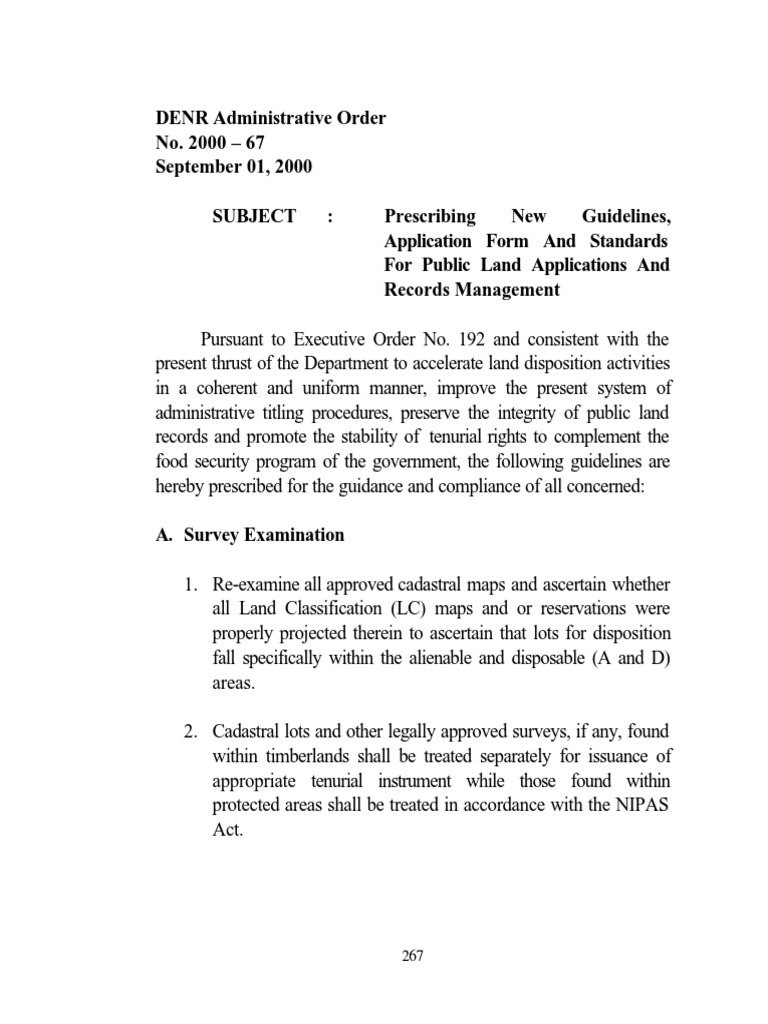DAO 2000-67 (Prescribing New Guidelines, Application Form and Standards For Public Land ...