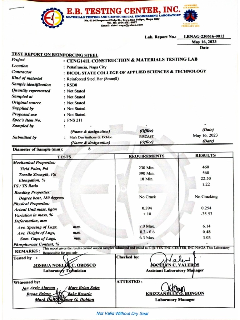 TEST RESULT RSB 8 MM and 10 MM | PDF