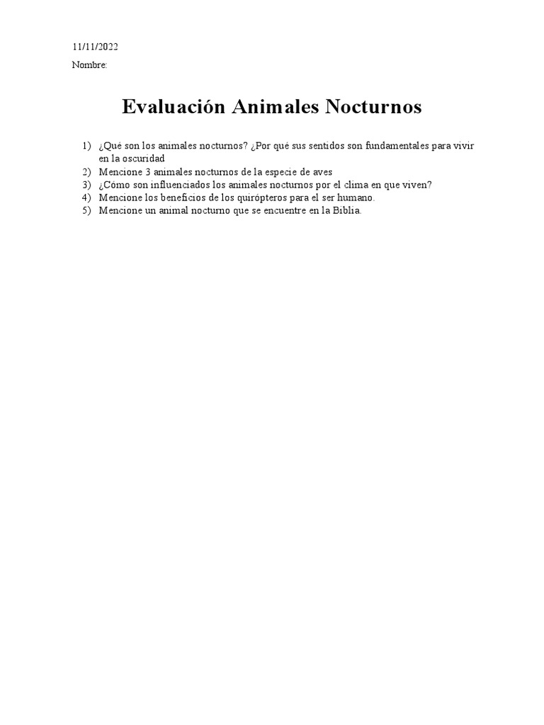 Evaluación Animales Nocturnos | PDF