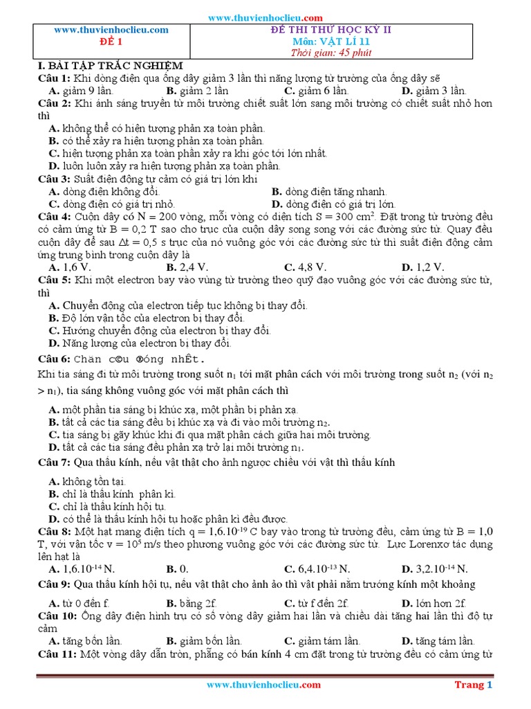 Bo de Thi VAT LI 11 HK2 Co Dap An | PDF