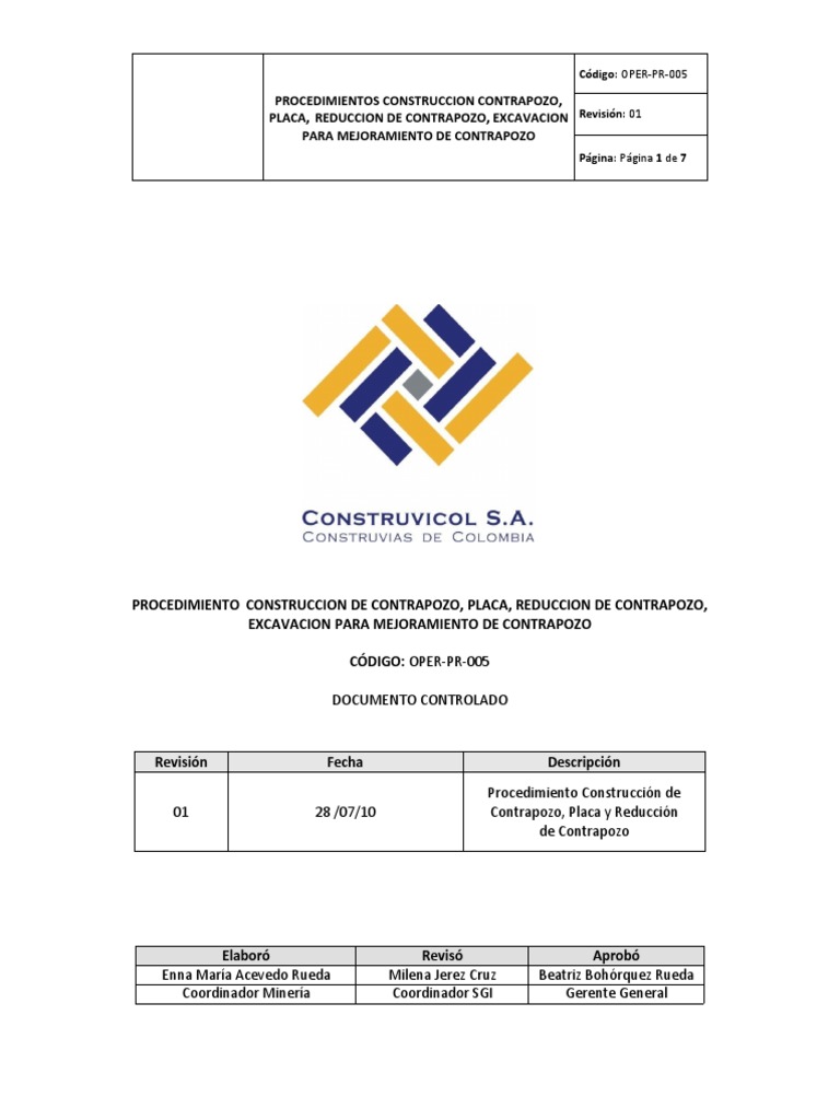 OPER PR 005 Proced Construccion Reduccion Excavacion de Contrapozo Rev 01 | PDF | Hormigón | Acero